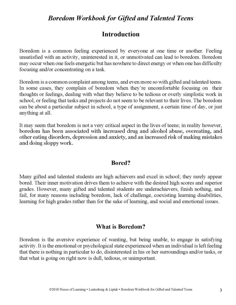 Boredom Workbook for G/T Teens – Pieces Of Learning